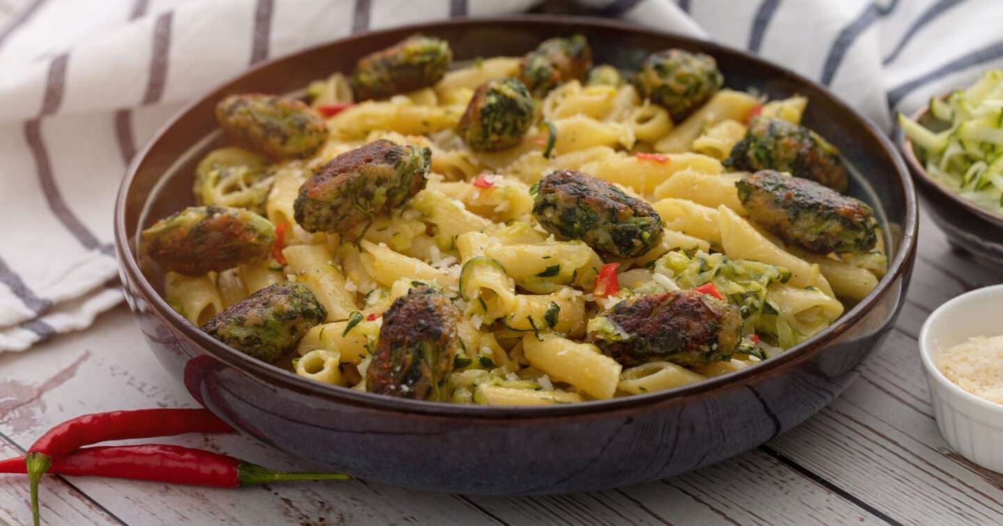 Penne Giardiniera | Zucchini Pasta with spinach balls | calmcuisine.com
